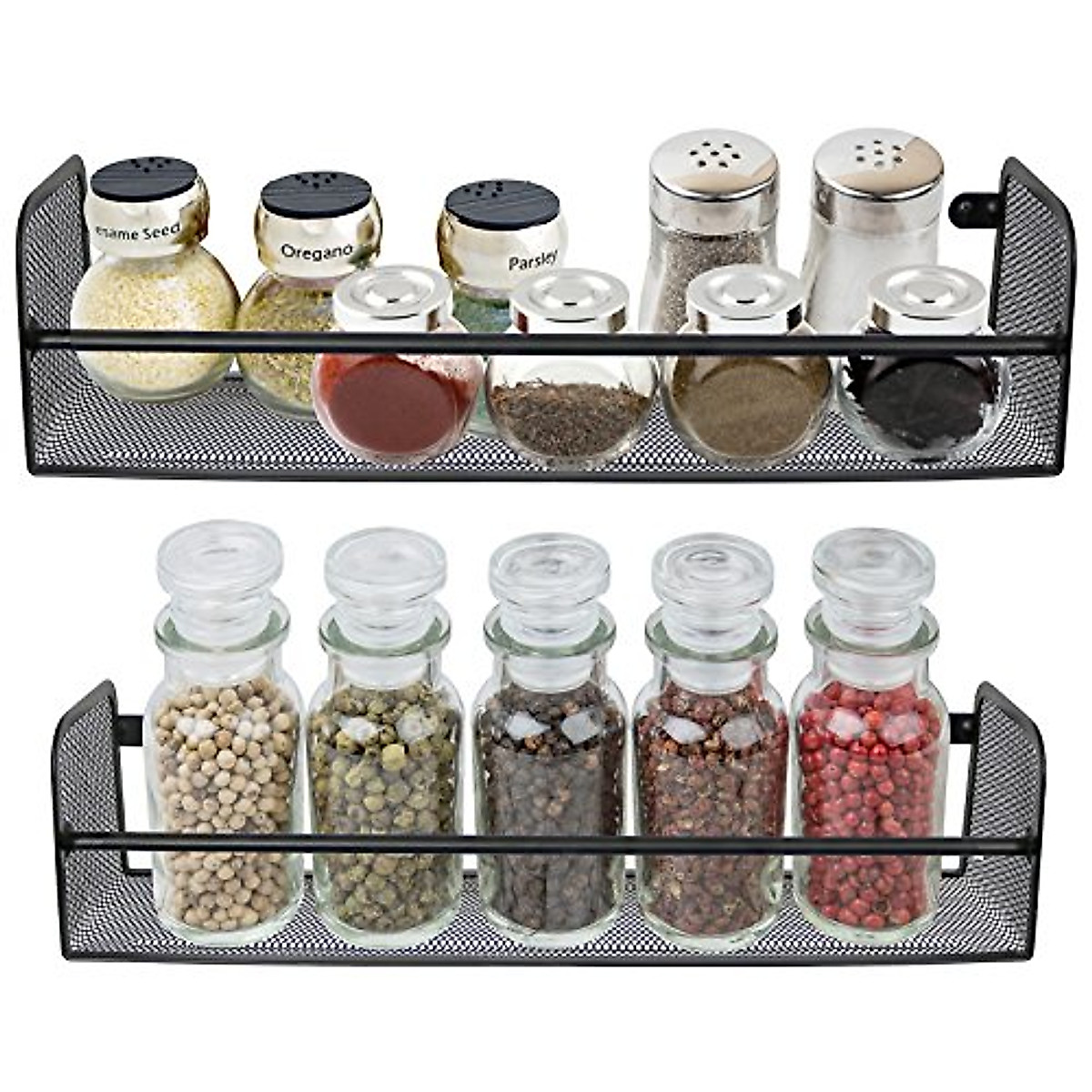 Greenco Wall Mount Single Tier Mesh Spice Rack, Black, Set 2