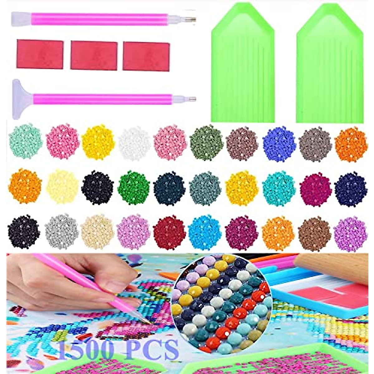 Diamond Painting Accessories Kits-5d Diamond Art Dot Bead Replacement Missing Drill Stones for Adults,DIY Embroidery Wax Tacky Tool-30 Colors,1500 Round Gems,3 Painting Glue Clay,2 Stitch Pen,2 Tray