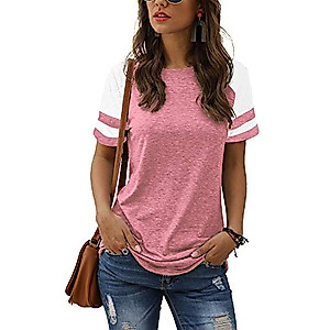 Adibosy Women Summer Casual Shirts: Short Sleeve Striped Tunic Tops - Ladies Loose Crew Neck Tee Tshirt Blouses Pink L