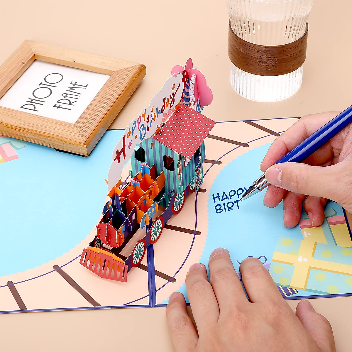 Train 3D Pop up Funny Happy Birthday Card Children's Day Greeting Card Train Design Very Interesting Birthday Card with Envelope Fits Children's Day, Father's Day, Birthday and Party for Children