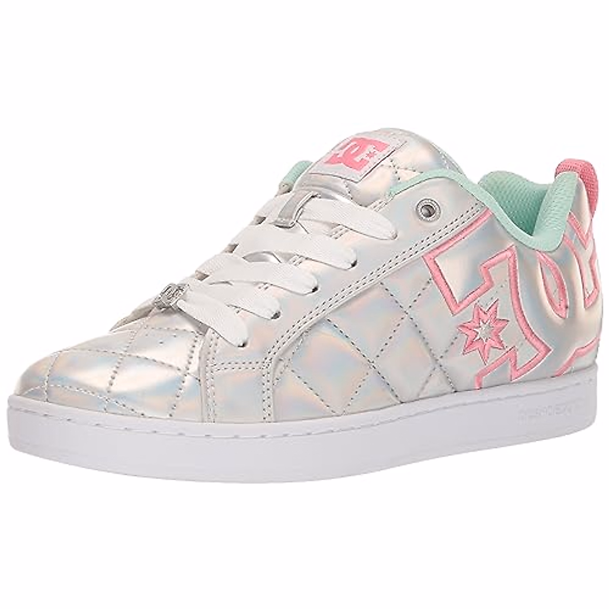 DC Women's Court Graffik SE Skate Shoe, White/Metallic Silver/Pink, 10.5