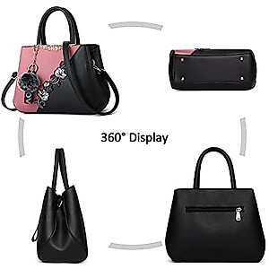 VARLIVOO Women Top-Handle Bag Flower Pattern Shoulder Bag Pom Pom Decoration Ladies Tote Bag Messenger Bag Travel Waterproof PU Leather