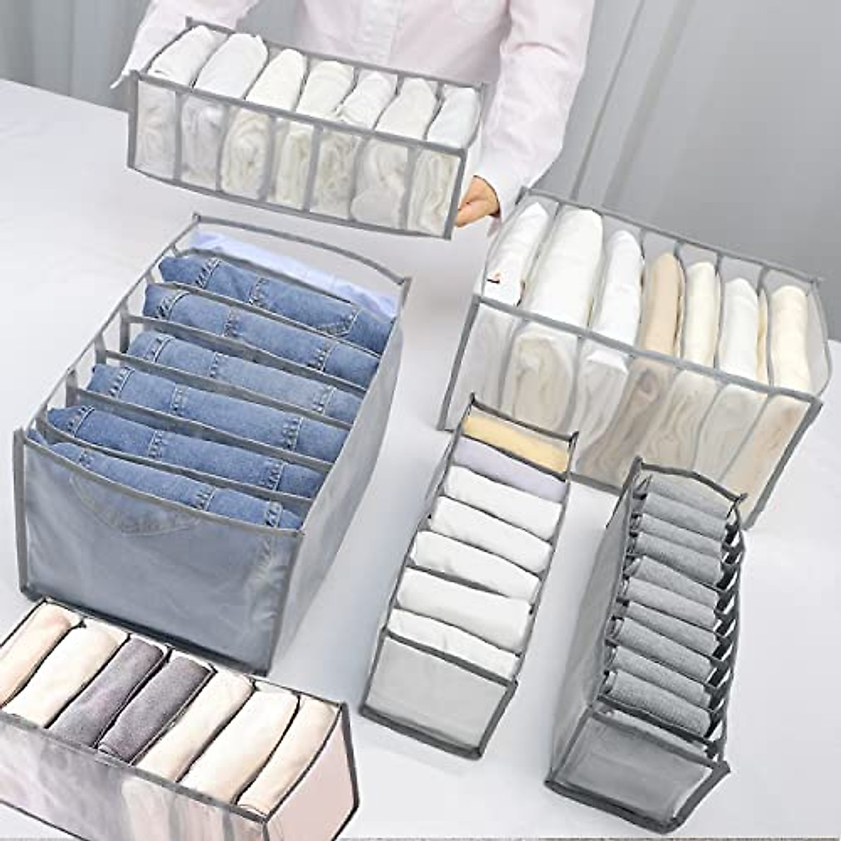 6 Pcs Extra large Drawer Organizers For Clothing,7 Gird Washable Wardrobe Clothes Organizer For Mesh Foldable Closet Dividers Nylon Fabric Storage Box for jeans,underwears,Leggings,pants,socks(Gray)