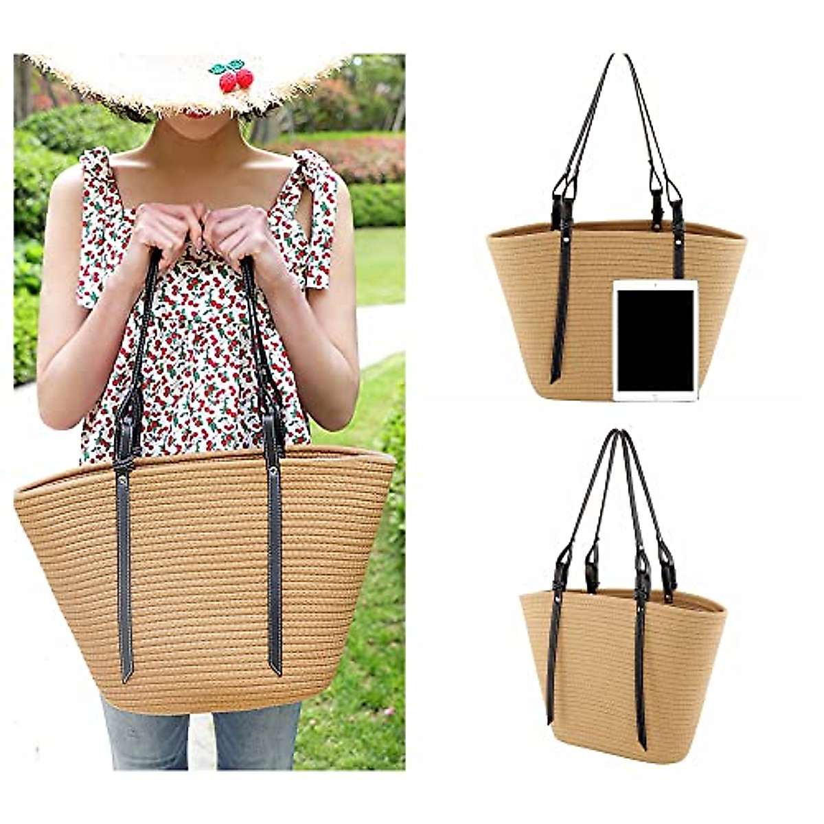 Ayliss Women Large Beach Tote Shoulder Handbag Summer Beach Cotton Crochet Handwoven Weaving Shoulder Purse Bag (Khaki)