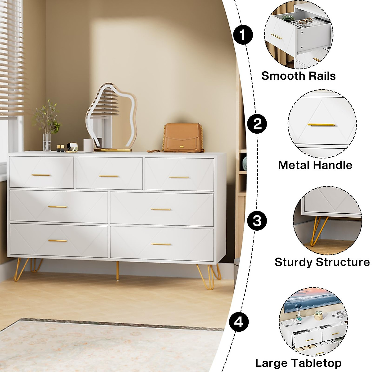 JOZZBY White Dresser for Bedroom, 7 Drawer Wooden Dresser with Gold Handles, Modern Storage Dressers & Chests of Drawers for Hallway, Entryway