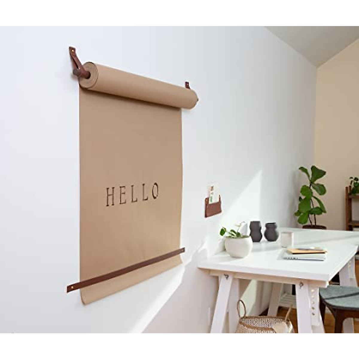 KEYAIIRA - Wall Mounted Paper Roll Holder studio kraft paper hanger w/leather straps note board dispenser, brown wallpaper pad butcher paper sign