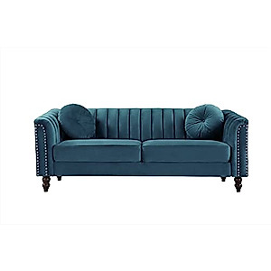 Container Furniture Direct Tufted Velvet Sofa with Removable Cushions and Turned Wood Legs, Elegant Living Room Furniture for The Modern Home, 75.2 Inch Couch, Blue Green