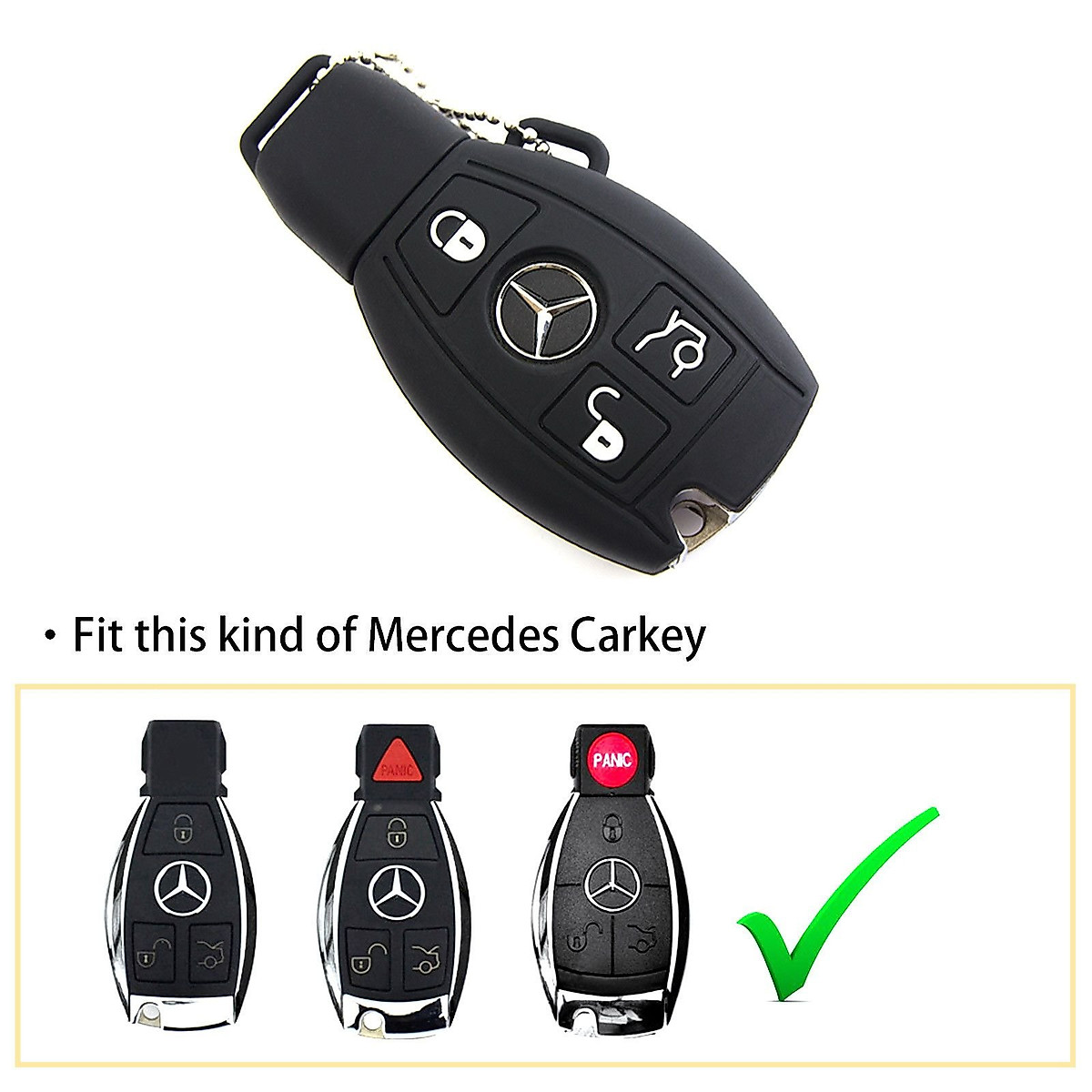 Xotic Tech Black Soft Silicone Key Fob Shell Cover Case w/ Keychain, Compatible with Mercedes Benz C E R S M GLK CLA CLK GLS W164 W204 W205 S204 S205 W212 W221 3-Button Smart Keyless Entry Key