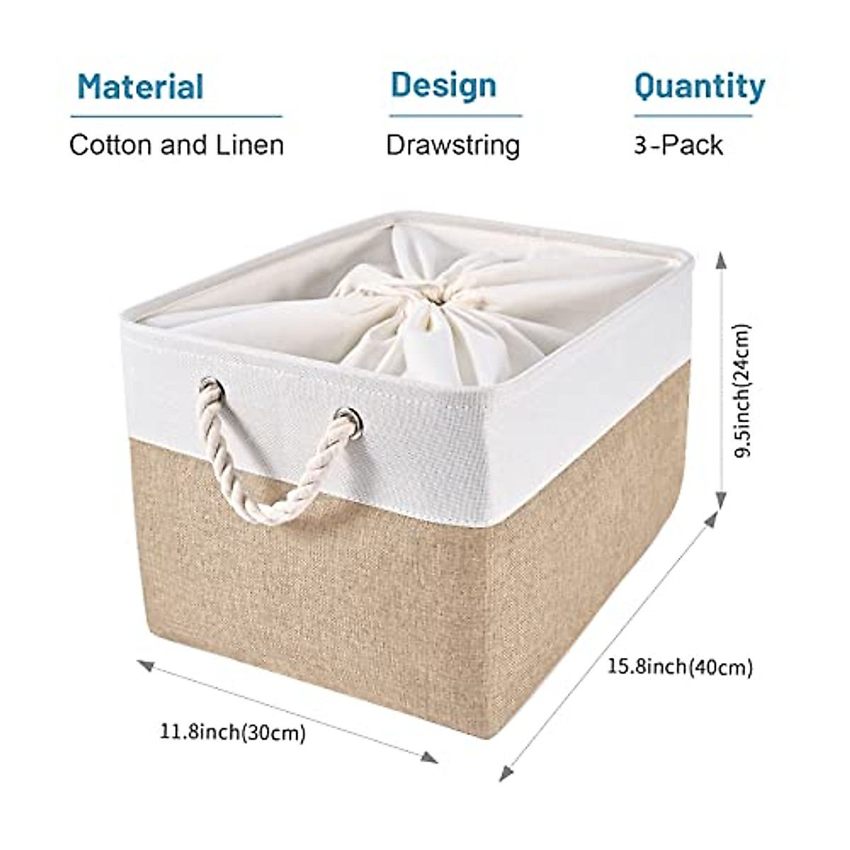 HOdo Home Foldable Storage Bin with Drawstring Closure and 2 Bold Handles, Collapsible Large Canvas Storage Baskets for Organizing Shelf Nursery Home Closet (White&Yellow, 15.8L×11.8W×9.5H - 3Pack)