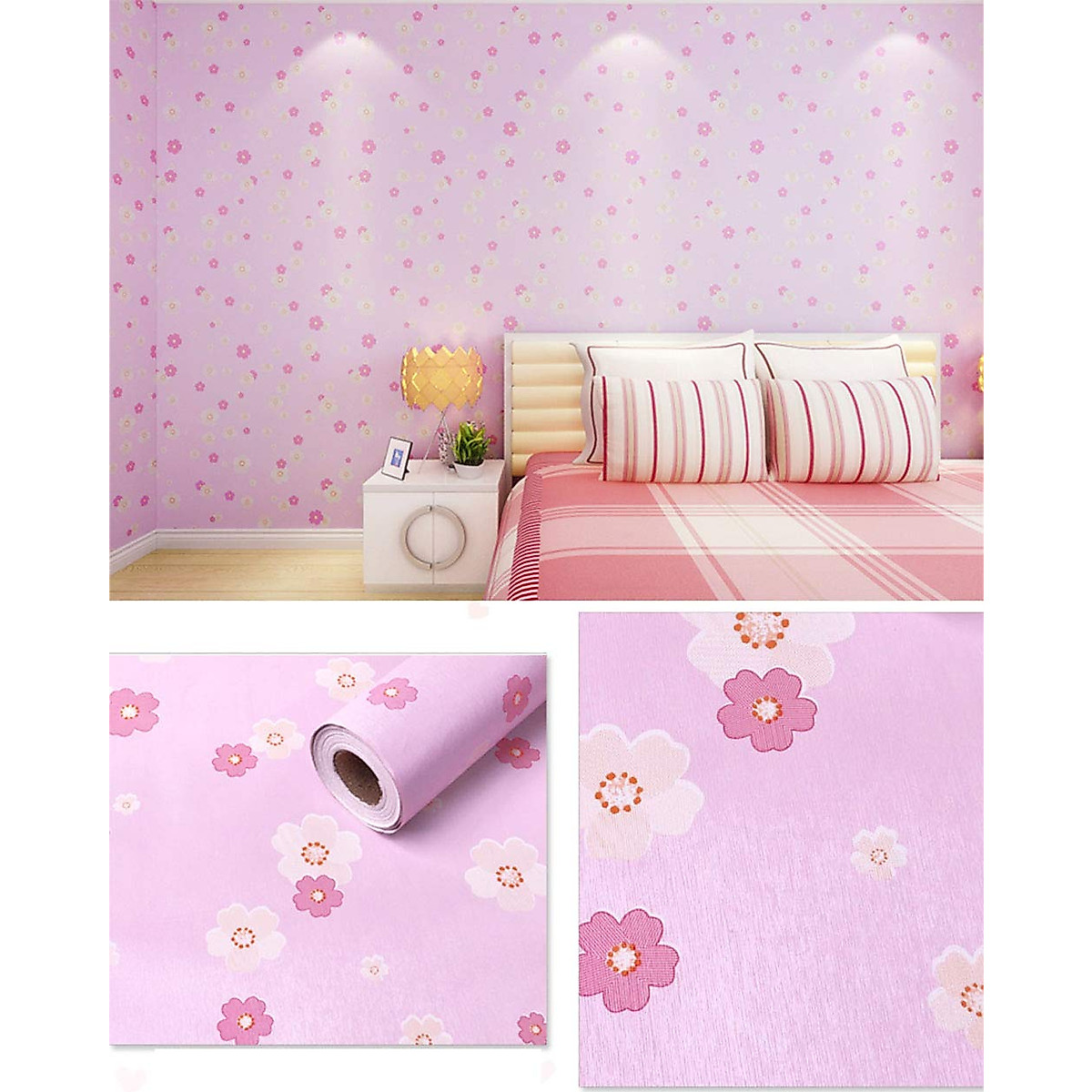 PoetryHome Self Adhesive Vinyl Pink Flower Wall Paper Shelf Liner Cabinets Dresser Drawer Liner Peel and Stick Vintage Floral Wallpaper Roll 17.7x117 Inches