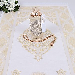 Islamic Elite Favors Personalized Muslim Lightweight Travel Prayer Rug Beads Set, Prayer Mat Tasbeeh Set, Ramadan Eid Hajj Umrah Wedding Birthday Graduation Mother's Day (Gold)