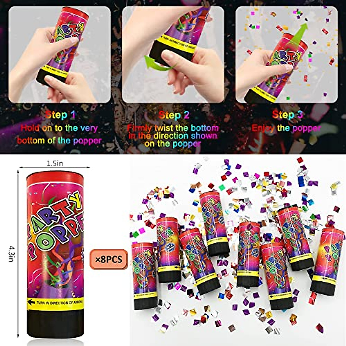 Confetti Cannon Party Poppers Confetti Shooters - 8 PCS Confetti Cannons for Wedding Birthday Graduation Baby Shower Kids Fun Party Supplies Decorations and Favors