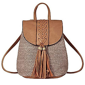 Meyaus Women Small Braid Tassels Straw Woven Backpack PU Leather Flap Drawstring Daypack Shoulder Bag