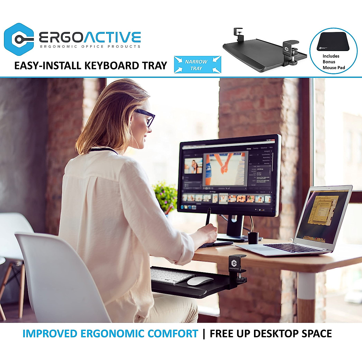 ErgoActive Keyboard Tray Under Desk with Included Mouse Pad and Easy Clamp On Installation, Fits Small Keyboard and Mouse - Small (20" x 11.8”)
