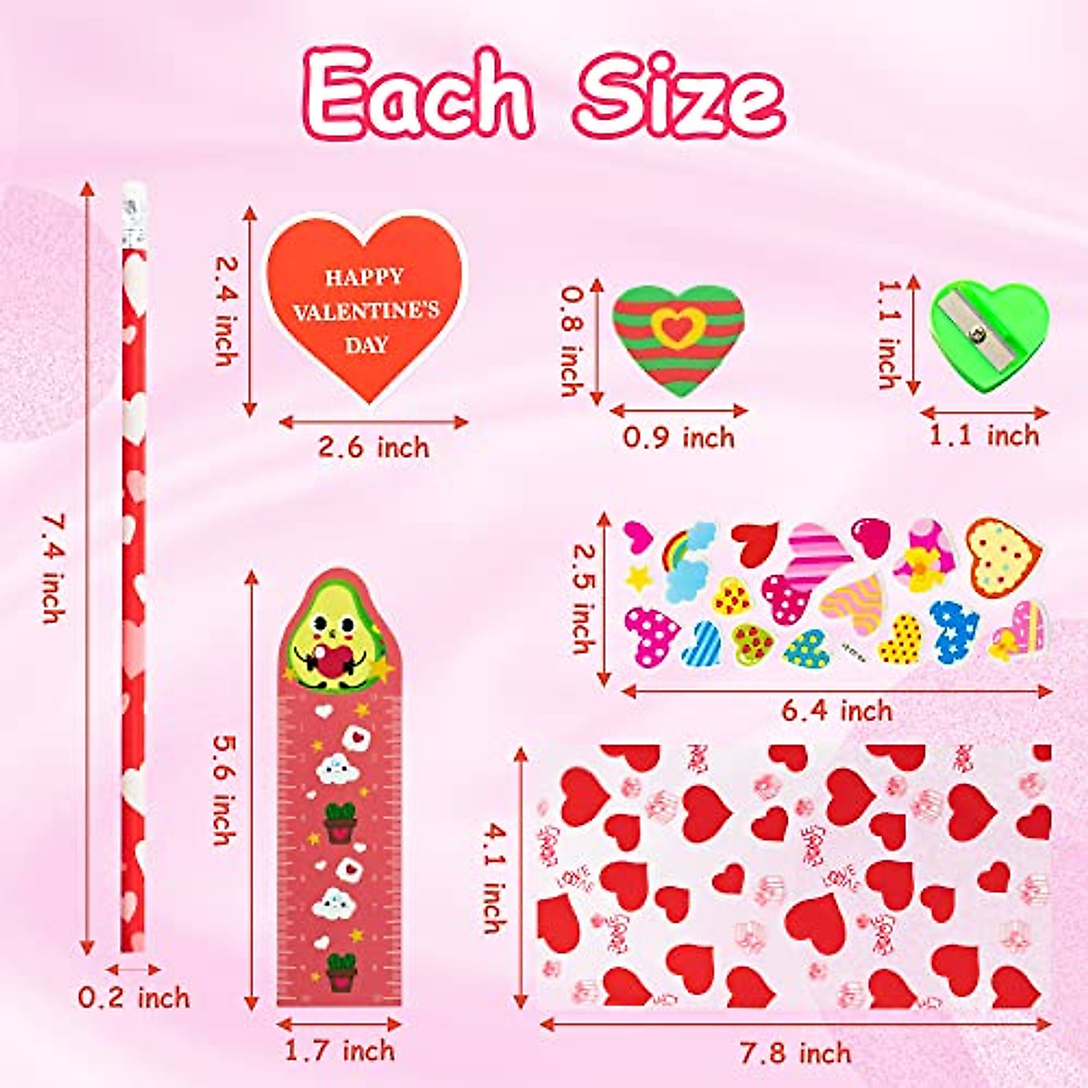196PCS Valentine's Day Stationery Set Classroom Exchange Gift for Kids, Valentine Party Favor with Bookmark Ruler Pencil Sharpener Transparent Candy Bags Heart Foam Sticker, Gifts for Student Teacher