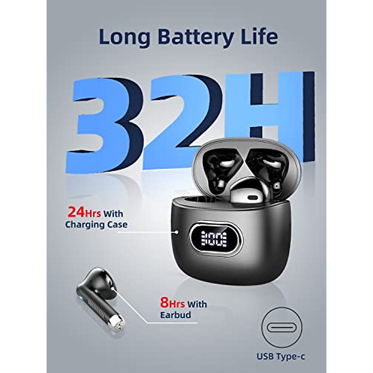 Wasart Wireless Earbud, Bluetooth 5.3 Headphones with 4 ENC Mics, 32H Bluetooth Earphones with Dual LED Display, Wireless Headphones in Ear IP7 Waterproof Bass, Ear Buds Noise Cancelling, USB-C, Black