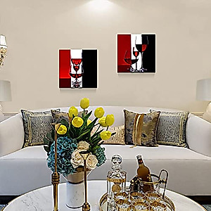 Gardenia Art - Wine Canvas Paintings Wall Art Pictures Abstract Wine Glass in Red Black White for Kitchen Bedroom Living Room Decoration, 12x12 inch per Piece, 2 Pieces per Set