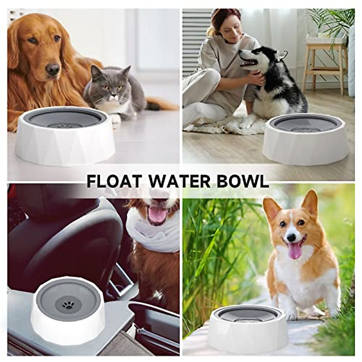 ELS PET Dog Bowl No Spill, Pet Water Bowl No Drip Slow Water Feeder Cat Bowl, Pet Water Dispenser 70oz/2L Large Capacity Travel Water Bowl for Dogs, Cats (Grey with Filter, 1L)