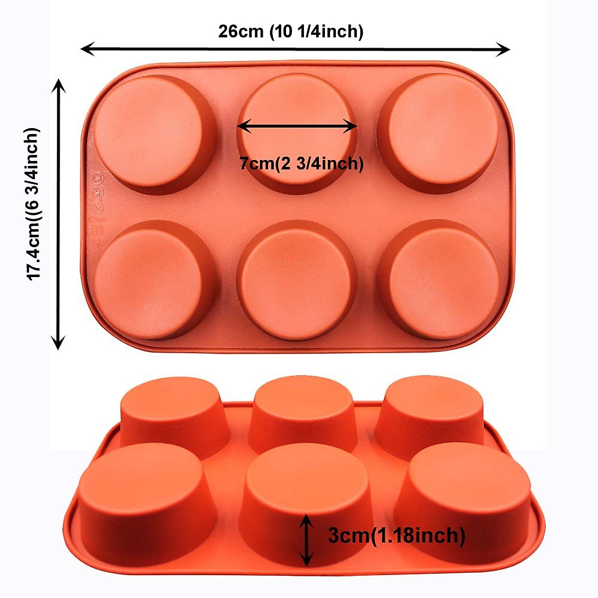 BAKER DEPOT 6 Cavity Round Silicone Mold For Muffin Cupcake Bread Handmade Soap DIY cake mold Dessert Mold, Set of 2