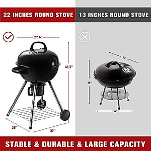 Rankok 22-Inch Premium Kettle Charcoal Grill Outdoor Barbeque Grill & Smokers Portable Trolley BBQ Grill with Wheels Adjustable Ash Catcher Bakeware Clips Thermometer for Cooking Camping Patio Garden