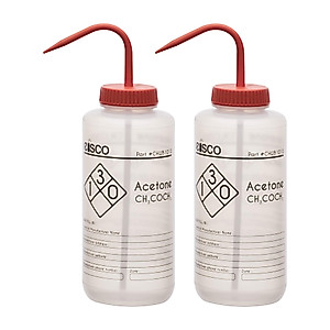EISCO 2PK Wash Bottles for Acetone, 1000ml - Labeled with Chemical Information & Safety Information (1 Color) - Wide Mouth, Self Venting, Low Density Polyethylene - Performance Plastics Labs