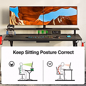 SEVEN WARRIOR Gaming Desk 55INCH with LED Lights & Power Outlets, Carbon Fiber Surface Computer Gamer Desk with Full Desk Mouse Pad, Ergonomic Y Shaped Leg Gamer Table with Monitor Stand