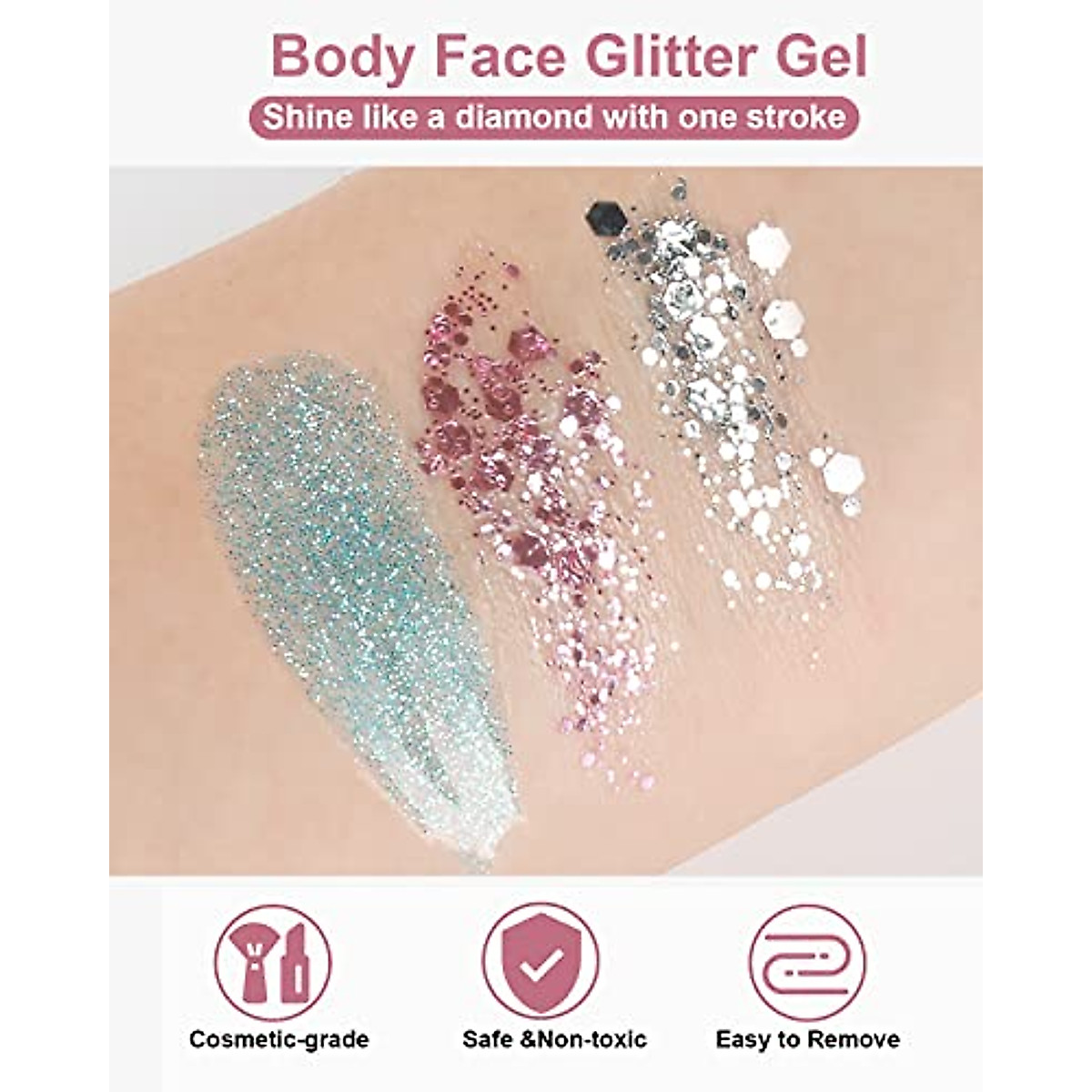 Creamify Face Body Glitter Gel - 3 Colors Pink and Silver Chunky Glitter Gel & Blue Fine Glitter Gel with Gems Sticker, Rave Accessories Hair Glitter Body Shimmer, Less Gel & Quick Dry, 65g