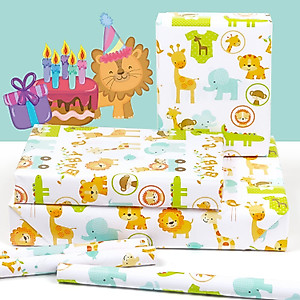 Gift Wrapping Paper for Baby Boys Girls Infant Kids, 6 Sheets Forest Animals Lion Giraffe Elephant Monkey Crocodile Wrapping Paper Sheet, 20 x 30 Inch Gift Paper for Baby Shower Birthday Kindergarten