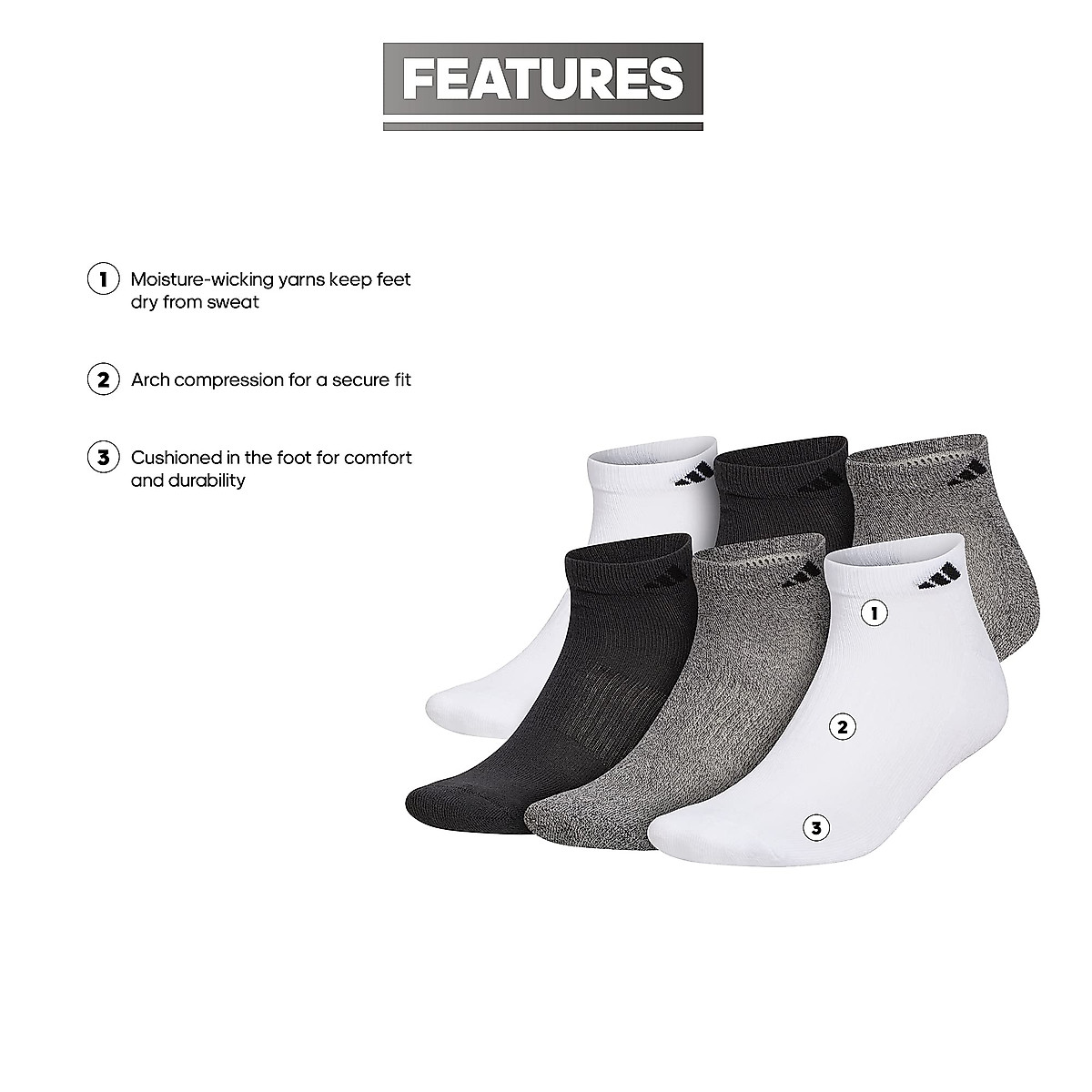 adidas Men's Athletic Cushioned Low Cut Socks with Arch Compression for a Secure fit (6-Pair), White/Alumina Beige/Carbon Grey, L