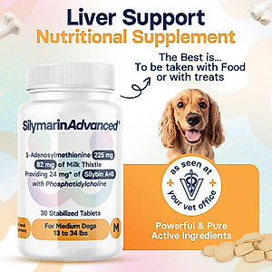 SilymarinAdvanced Liver Health Supplement for Medium Dogs, S-Adenosylmethionine (Same) and Silybin, Liver Tablets, Cognitive Support, 30 Tablets