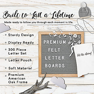 Felt Letter Board, 10x10in Changeable Letter Board with Letters White 300 Piece - Felt Message Board, Oak Frame Wooden Letter Board for Baby Announcements, Milestones, Office Decor & More (Gray)