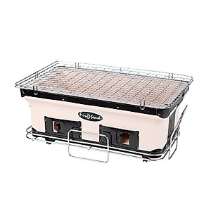 Fire Sense 60450 Yakatori Internal Grates Charcoal Chrome Cooking Grill Japanese Table BBQ Handmade Using Clay Adjustable Ventilation For Outdoor Barbecues Camping Traveling - Large - Tan