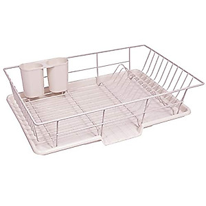 Sweet Home Collection 3 Piece Dish Drainer Rack Set with Drying Board and Utensil Holder, 12" x 19" x 5", Pale Pink