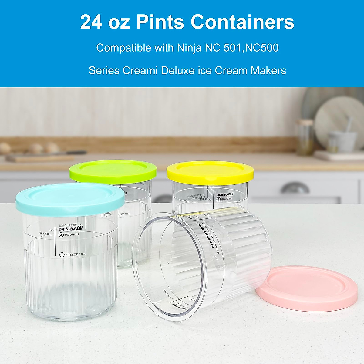 CUTIECLUB Pack of 4 Ice Cream Pint Containers 24oz and Lids for Ninja Creami NC500 NC501 Series Deluxe ice Cream Makers, Replacement Cups BPA-Free & Dishwasher Safe