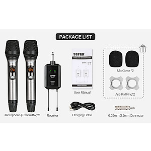 SGPRO Multiple-Purpose Wireless Microphone Set Compact Receiver Mute Function Battery Indicator for Singing, DJ, Speech, Classroom, Church, Home Karaoke and More (SG-14 | Dual Handheld Set)