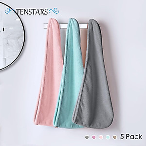 TENSTARS 5 Pack Thicken Microfiber Hair Towel Wrap for Women - Elastic Loop Design - 320GSM Coral Velvet - Quick Dry Hair Turban - 11x28 Inch (Grey+Pink+Brown+FrozenBlue+FrozenBerry)