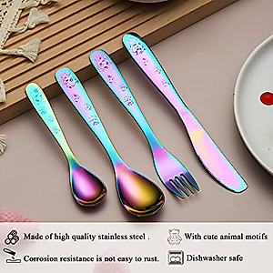 Berglander Rainbow Toddler Utensils 4 Pieces Colorful Titanium Plating Kids Silverware Set, Children Safe Forks and Spoons Flatware, Mirror Polished Smooth Round Edage Cutlery Sets, Dishwasher Safe