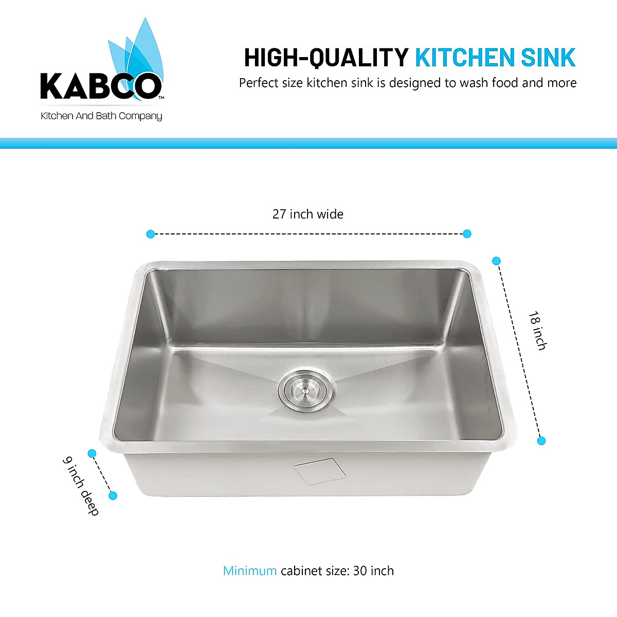 KABCO 18 Gauge 27 Inch Single Bowl Undermount Stainless Steel Kitchen Sink, Rust Resistant Sound and Heatproof Laser Cut Tight Radius SInk for Indoor or Outdoor Kitchens