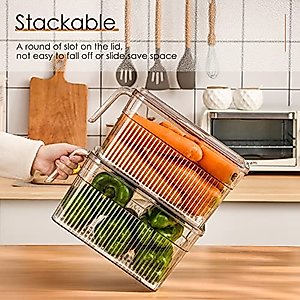 Produce Saver Containers for Refrigerator, 6.3Lx4 Organizer Bins with Lids Stackable Large Food Storage Container Sets with Drain Tray, Square Handle Food Storage Organizer Boxes, BPA Free, Set of 4