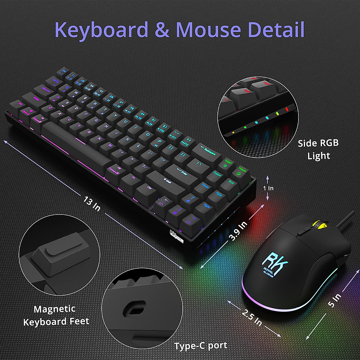 RK ROYAL KLUDGE RK71 Wireless/Wired Mechanical Keyboard and 7200 DPI Gaming Mouse, 71 Keys RGB Red Switch Hot Swappable Compact Gaming Keyboard for Win/Mac