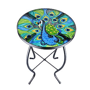 VCUTEKA Patio Side Table Plant Stands Outdoor Accent Table Small Mosaic Table Glass Top Round Balcony Coffee Table