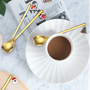 A · HOUSEWARE Coffee Spoons Gold Silverware Christmas 6 Pieces Small Stainless Steel Flatware Xmas Decorative Pendants Cute Drinking Stirrers for Festive and Daily Kitchen Utensils