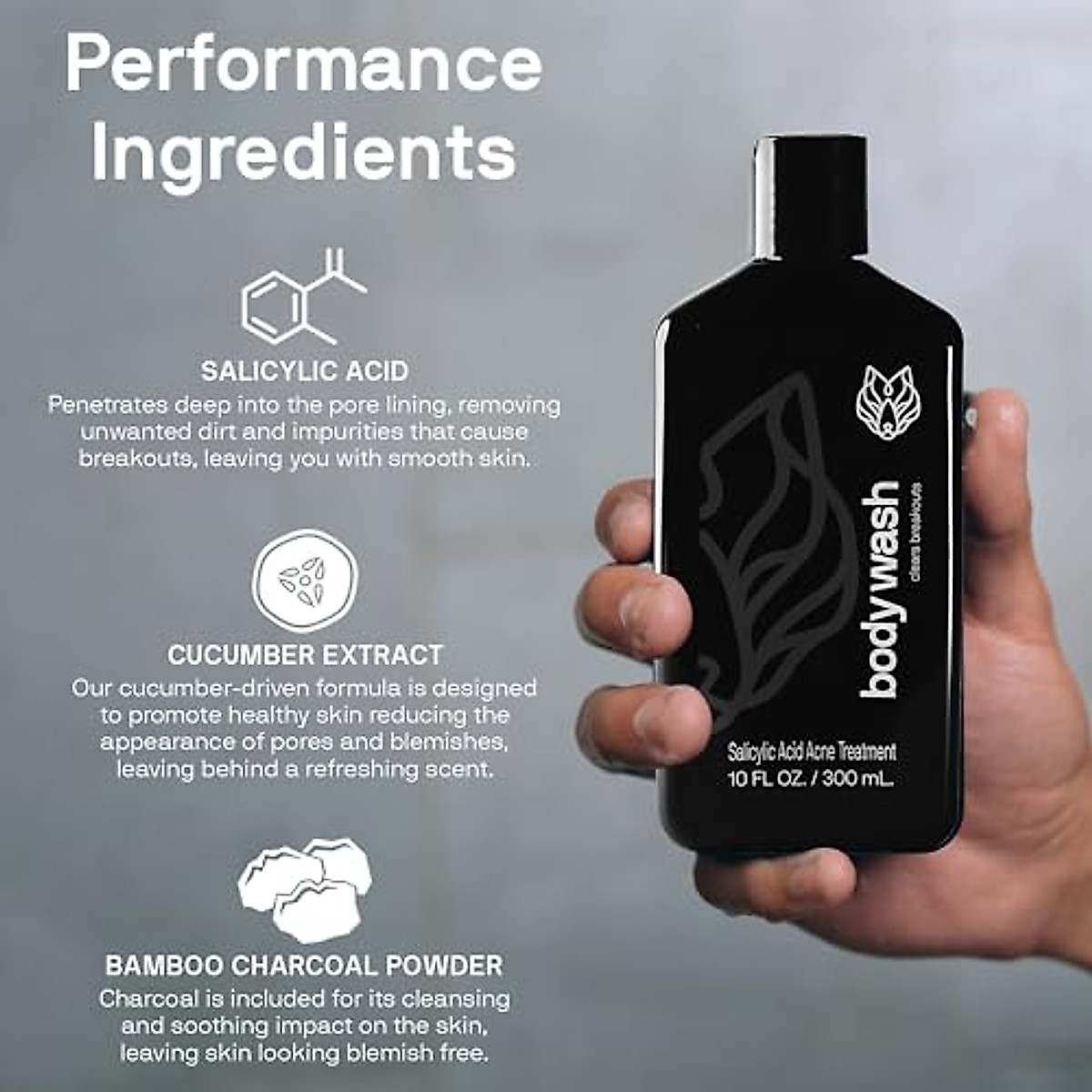 Black Wolf Charcoal Powder Body Wash Men - 10 Fl Oz Paraben-Free Mens Body Wash - Salicylic Acid Reduce Acne Breakouts and Cleanse Your Skin - Full Coverage & Deep Clean Men's Bodywash