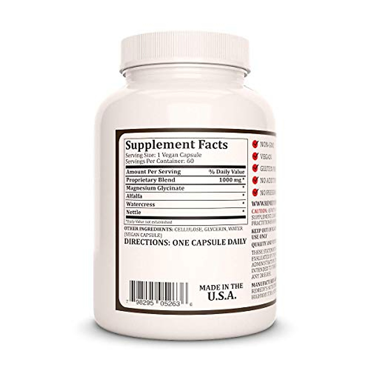 Remedy's nutrition Magnesium Glycinate Supplement with Alfalfa Leaf, Watercress & Nettle Leaf 1,000mg Vegan Capsules - Non-GMO, Gluten Free, Dairy Free - Two Month Supply (60 Count)