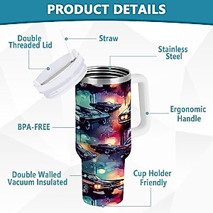 Jihqo Neon Muscle Cars 40 oz Stainless Steel Vacuum Insulated Tumbler with Handle and Straw Lid, Leakproof Water Bottle Double Wall Travel Mug Coffee Cup, Cupholder Friendly