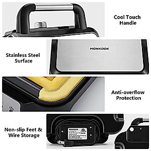 Extra Deep Belgian Waffle Maker MONXOOK, 2-Slice Non-Stick Waffle Iron with 5 Browning Knob, Classic 1" Thick Waffles, Anti-overflow, Recipes Included, PFOA Free, Stainless Steel