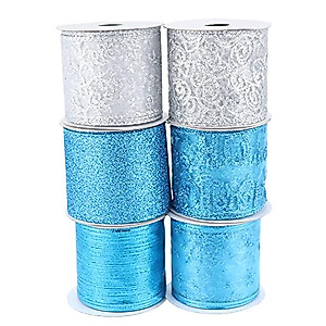 DINDOSAL Turquoise Blue Christmas Ribbon Wired 2.5" Blue and Silver Christmas Tree Ribbon Garland Glitter Christmas Ribbon for Tree, Gift Wrapping, Bows 6 Rolls 36 Yards