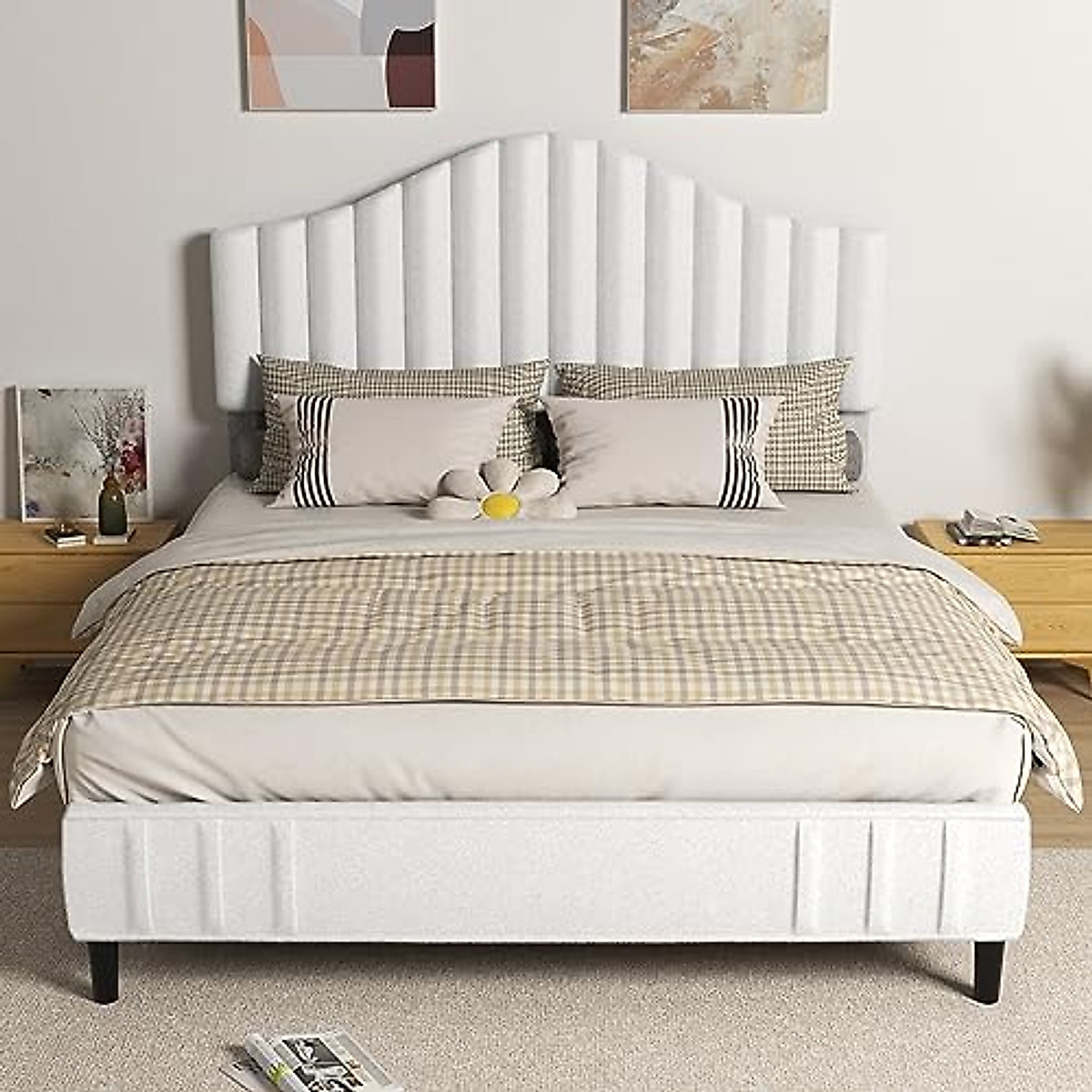 HUEOFGP Queen Size Bed Frame with Upholstered Fabric Adjustable Headboard, Platform Bed Frame with Wooden Slats Support, No Box Spring Needed, Easy Assembly, Modern, White