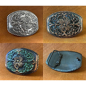 HA0016 Western Floral Engraved Ornate Design Belt Buckle Fits 1-1/2"(38mm) Belt (Antique Patina)