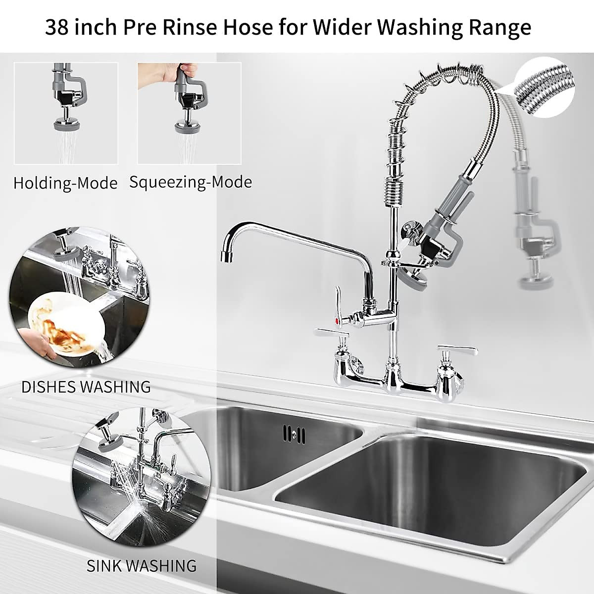 Pre Rinse Spray Valve with 38'' Stainless Hose, Flexible Commercial Sink Hose High Pressure Restaurant Dish Sprayer with Ergonomic Handle Assembly Kit for Commercial Wall Mount Kitchen Faucet
